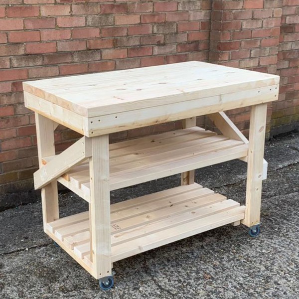 Workbenches: Wooden Workbench On Wheels With Double Shelving