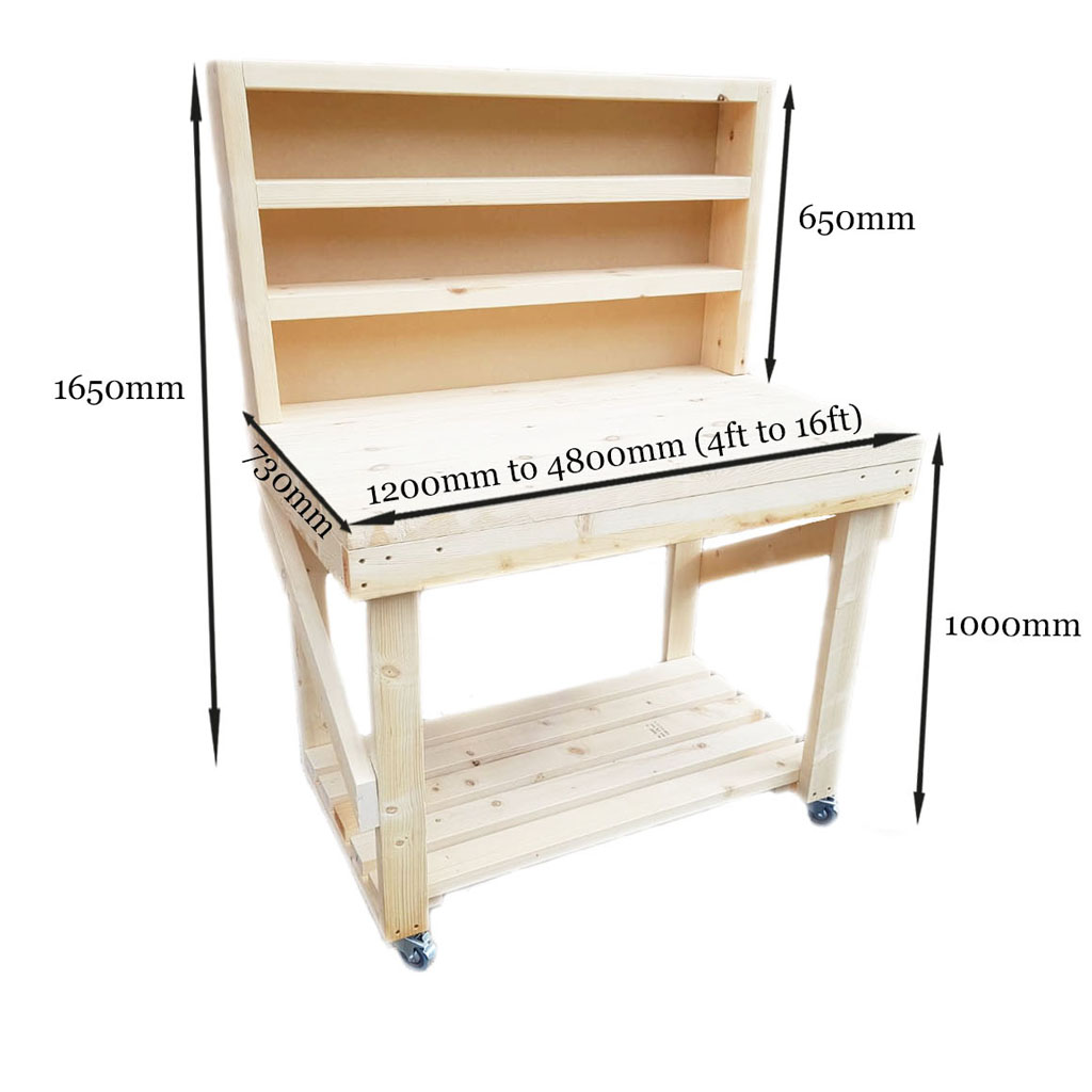 Garden furniture: Wooden Workbench On Wheels With Top Shelving